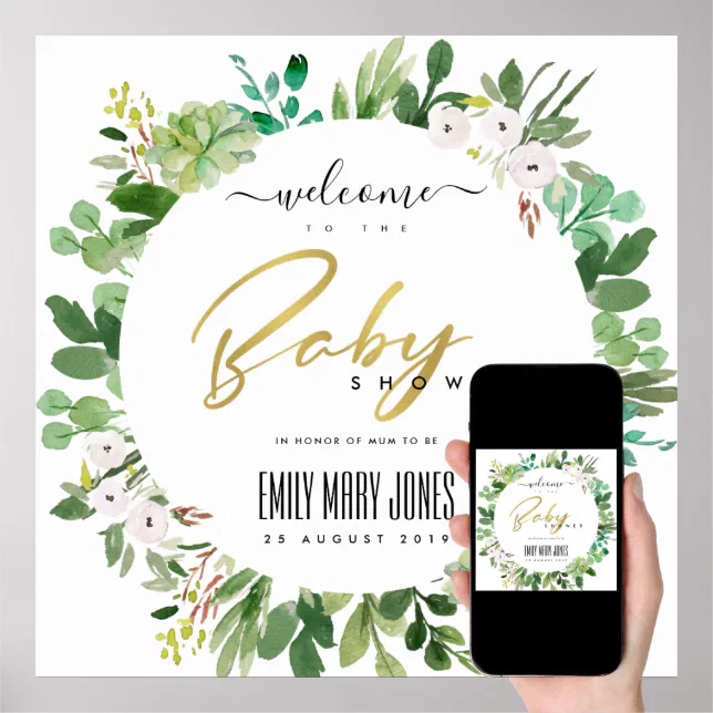 SUCCULENT FOLIAGE WATERCOLOR BABY SHOWER WELCOME POSTER | Zazzle