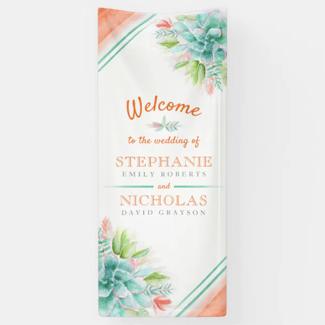 Succulent green orange wedding art welcome banner | Zazzle