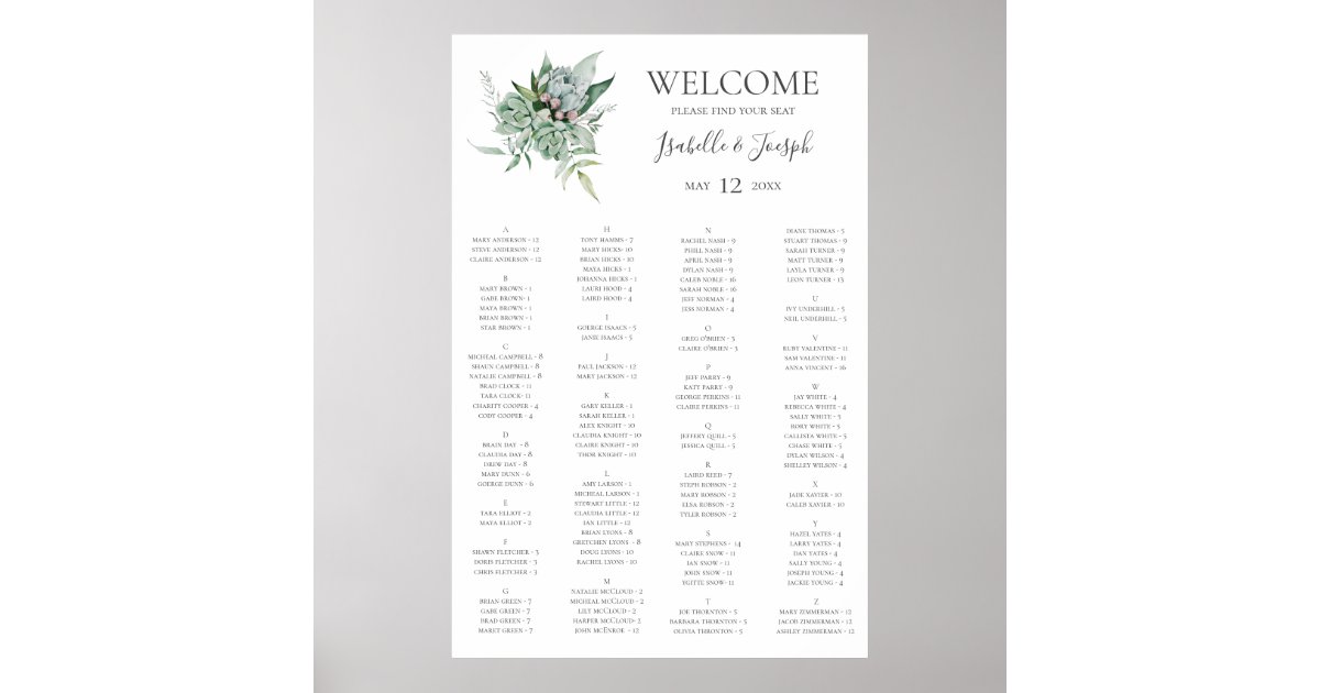 Succulent Greenery | Alphabetical Seating Chart | Zazzle