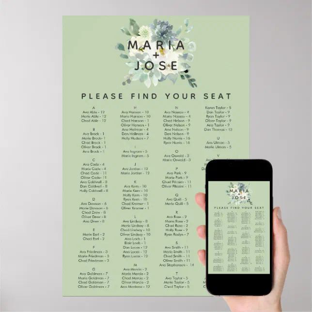 Succulent Greenery Alphabetical Seating Chart | Zazzle