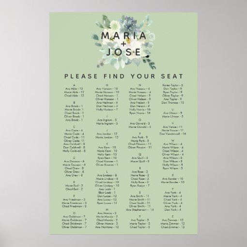 Succulent Greenery Alphabetical Seating Chart | Zazzle