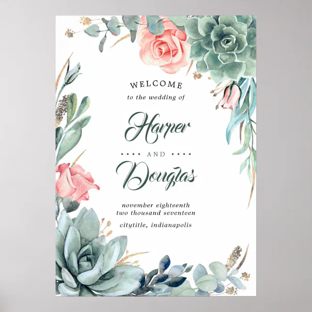 Succulent Greenery Blush Pink Wedding Welcome Sign | Zazzle