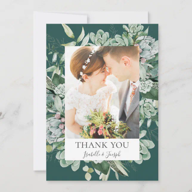 Succulent Greenery | Dark Green Flat Photo Thank You Card | Zazzle