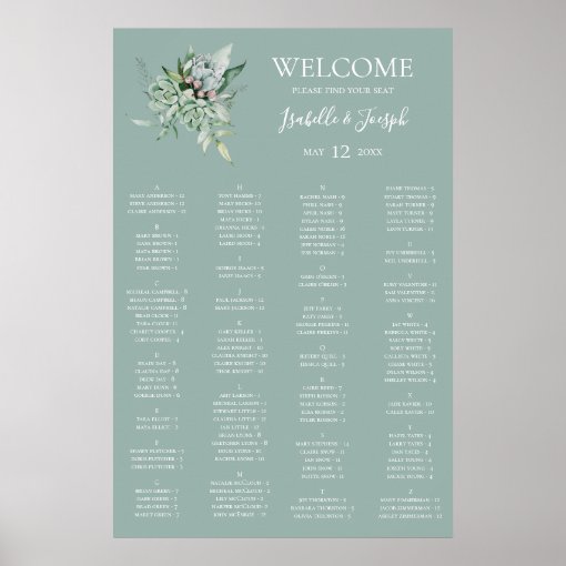 Succulent Greenery Sage Alphabetical Seating Chart | Zazzle