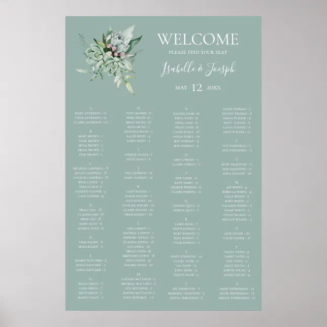 Succulent Greenery Sage Alphabetical Seating Chart | Zazzle