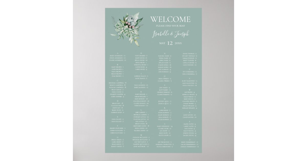 Succulent Greenery Sage Alphabetical Seating Chart | Zazzle