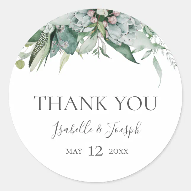 Succulent Greenery Thank You Wedding Favor Sticker | Zazzle