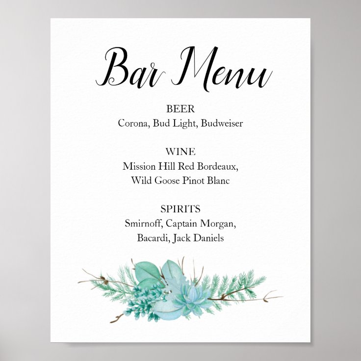 Succulent Greenery Wedding Bar Menu Drink Sign | Zazzle