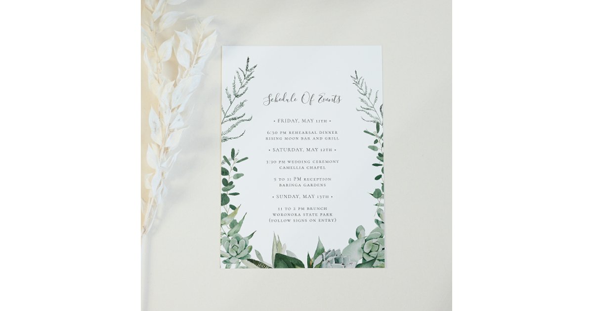 Succulent Greenery Wedding Schedule of Events Card | Zazzle