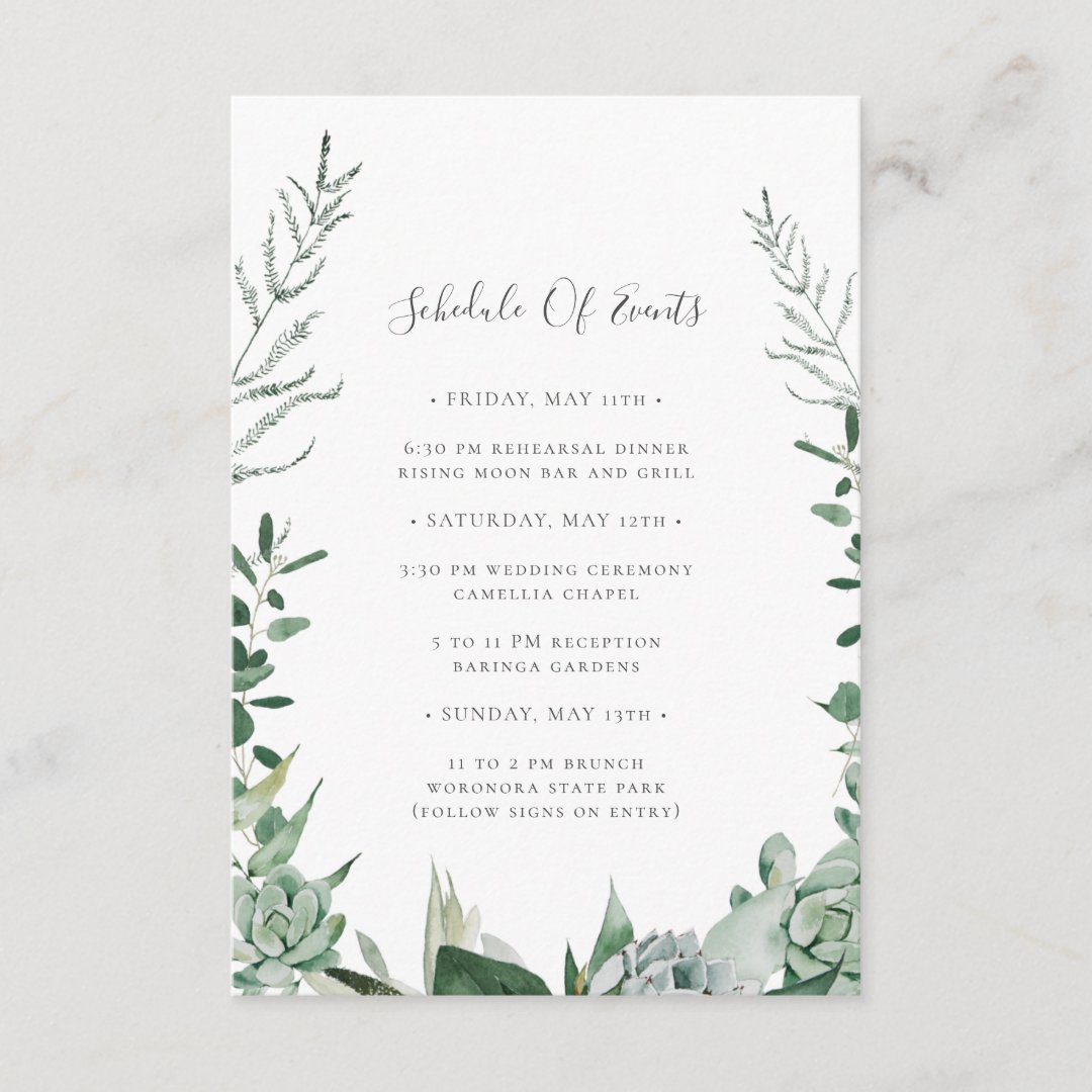 Succulent Greenery Wedding Schedule of Events Card | Zazzle