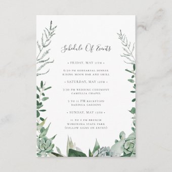 Succulent Greenery Wedding Schedule of Events Card | Zazzle