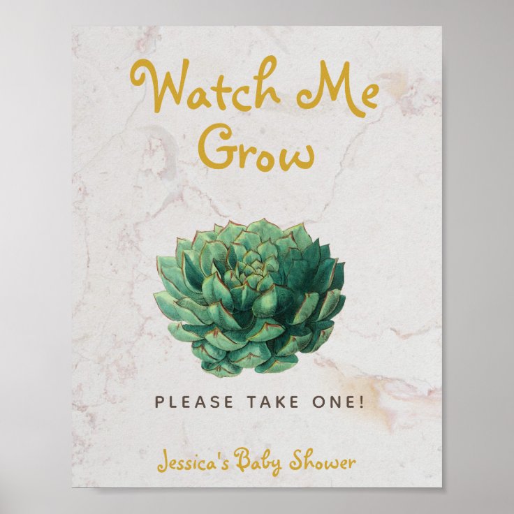 Succulent Watch Me Grow Baby Shower Botanical Poster | Zazzle