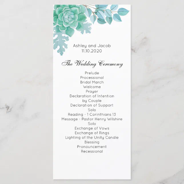 Succulent wedding program. Mint cactus ceremony Program | Zazzle