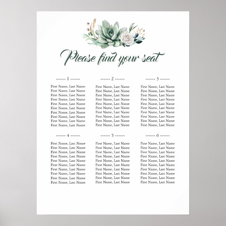 Succulents Elegant Wedding Seating Chart | Zazzle