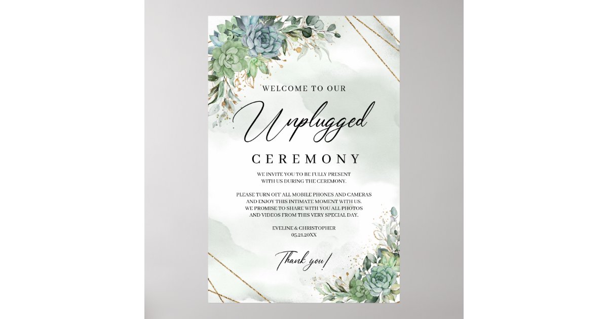 Succulents eucalyptus unplugged ceremony poster | Zazzle