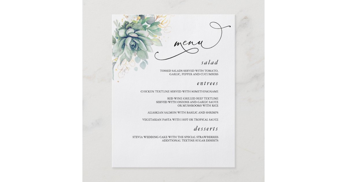 Succulents Gold Greenery Wedding Menu Flyer | Zazzle