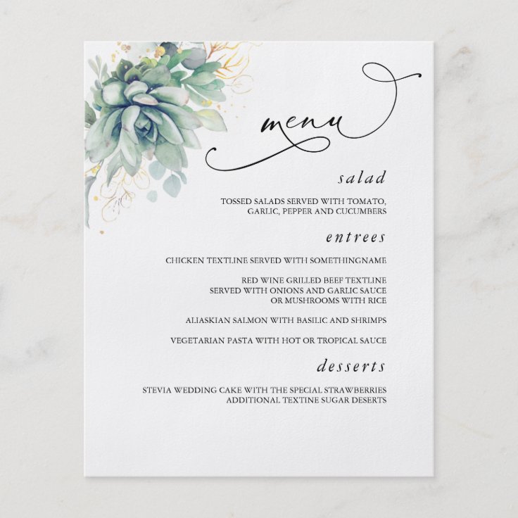 Succulents Gold Greenery Wedding Menu Flyer | Zazzle