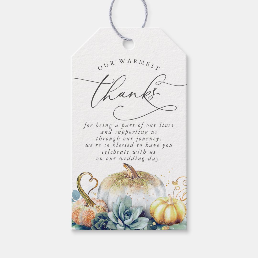 Succulents Greenery and Gold Pumpkins Fall Thanks Gift Tags | Zazzle