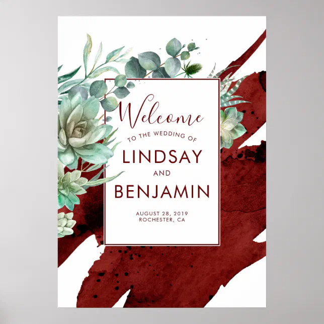Succulents Greenery Burgundy Red Wedding Poster | Zazzle