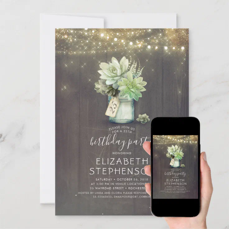 Succulents Greenery Mason Jar Rustic Birthday Invitation | Zazzle