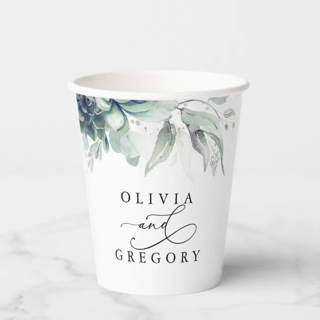 Succulents Silver Greenery Elegant Modern Wedding Paper Cups | Zazzle