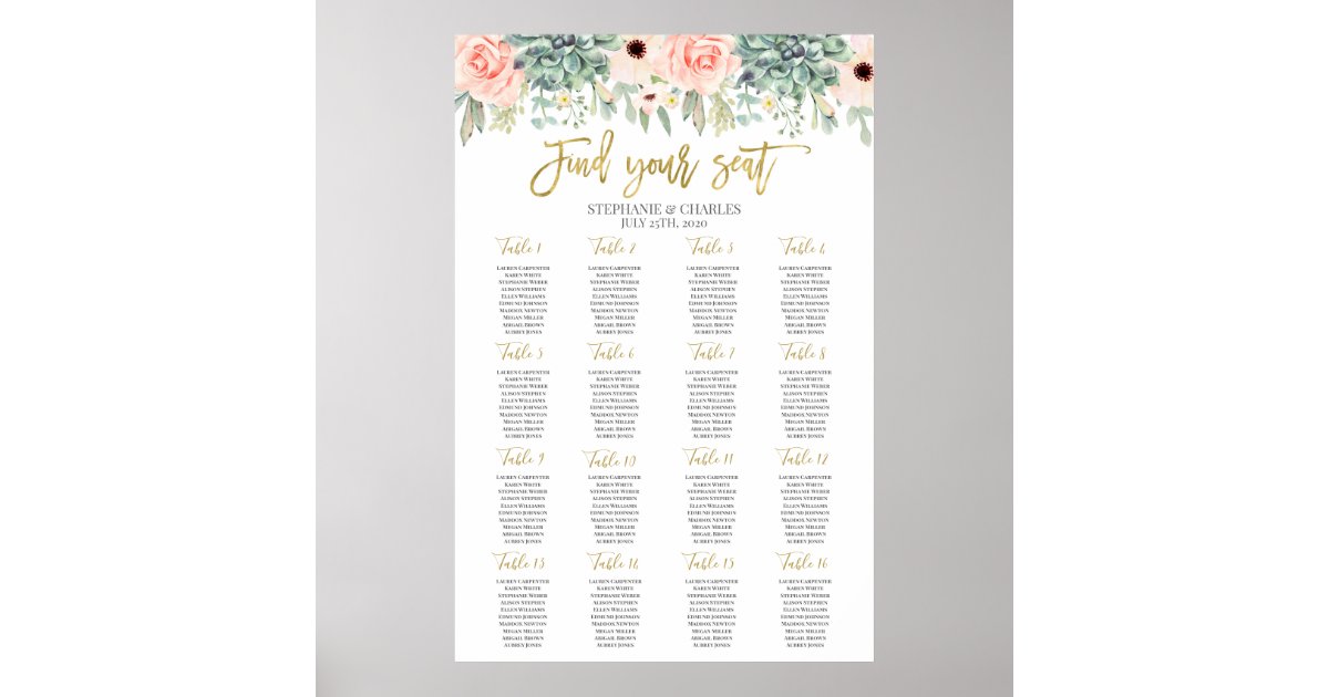 Succulents watercolor Wedding Seating Chart | Zazzle