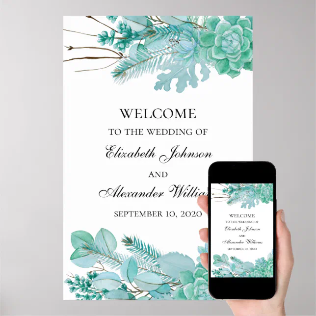 Succulents welcome sign. Mint wedding floral Poster | Zazzle