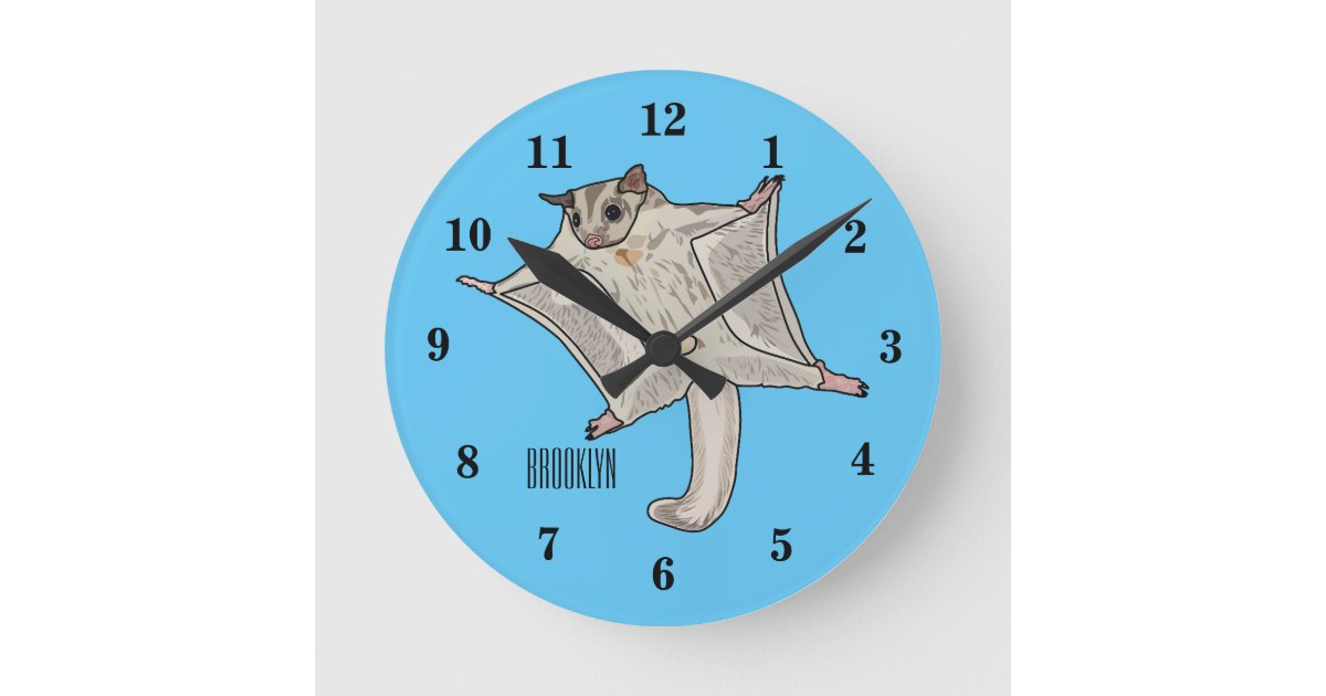 Sugar glider cartoon illustration round clock | Zazzle
