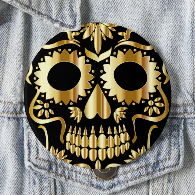 Sugar Skull Art, Day of the Dead Black and Gold Button | Zazzle