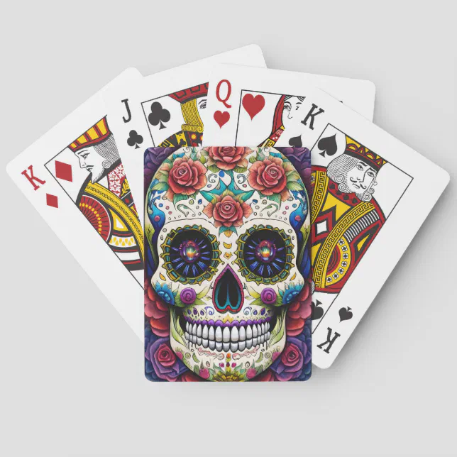 Sugar Skull Art Flower Skull Pink Roses Poker Cards | Zazzle