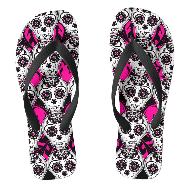 Sugar skull Day of the Dead beautiful girly Flip Flops | Zazzle