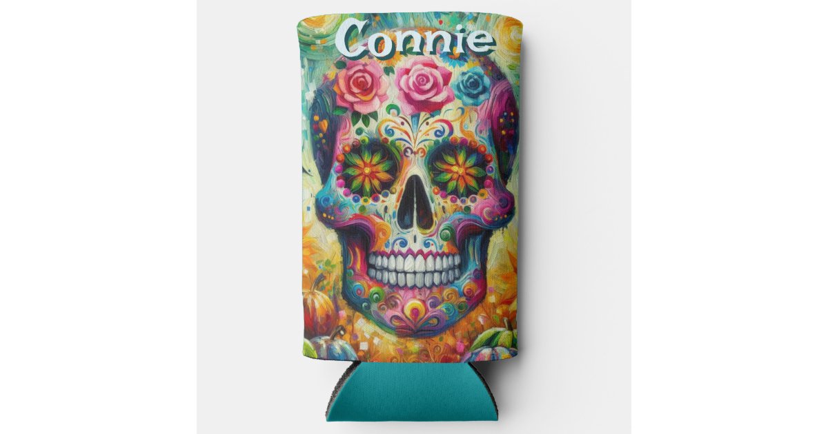 Sugar Skull Day of the Dead Floral Personalized Seltzer Can Cooler | Zazzle