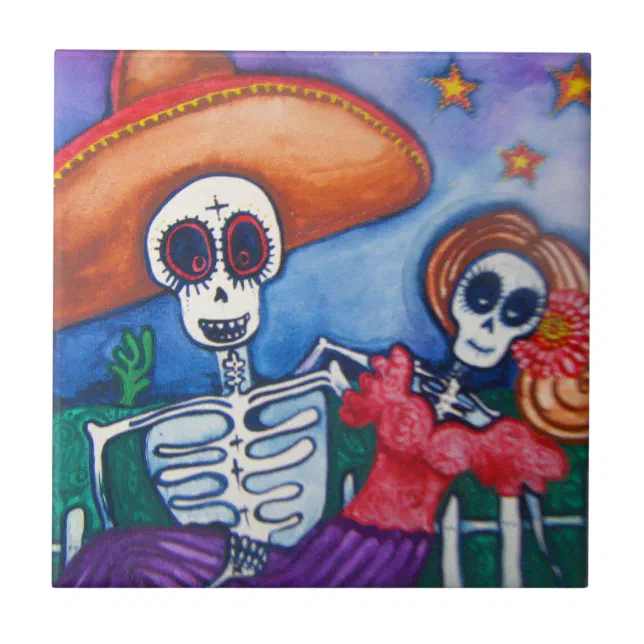 sugar skull day of the dead mexican tile art | Zazzle