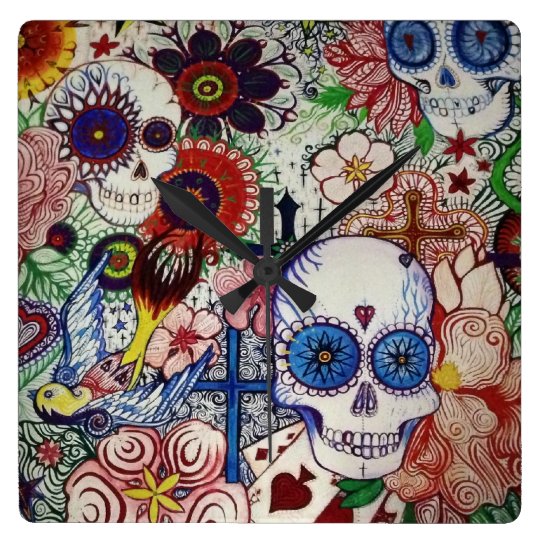 sugar skull day of the dead tattoo art clock | Zazzle.com