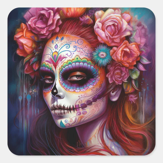 Sugar Skull Girl Day Of The Dead Square Sticker | Zazzle