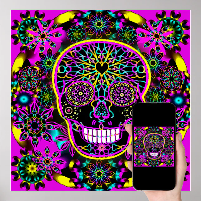 Sugar Skull in Neon Pink Poster | Zazzle