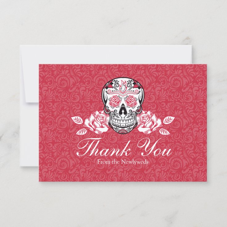 Sugar Skull + Roses Flat Thank You card Blank Back | Zazzle