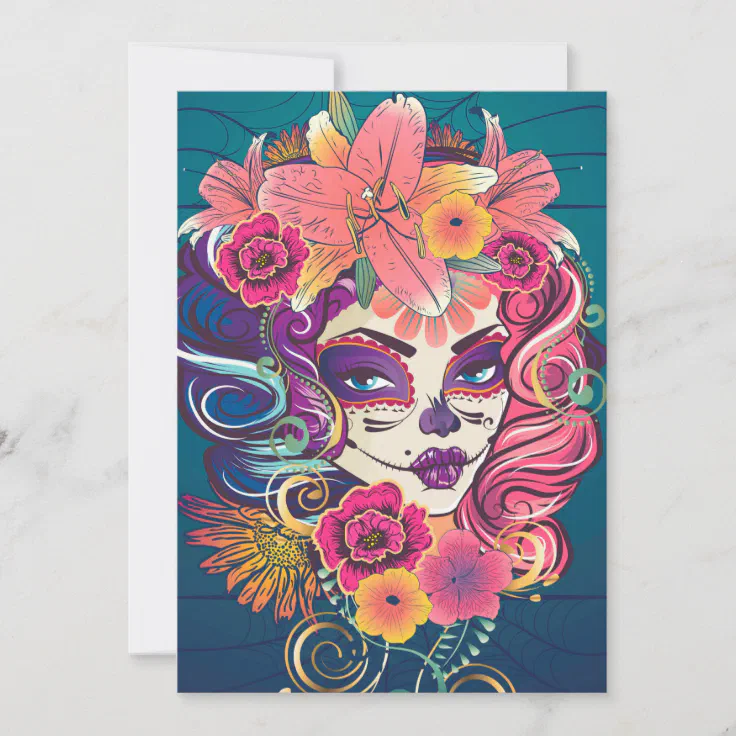 Sugar skull woman in flower crown portrait thank you card | Zazzle