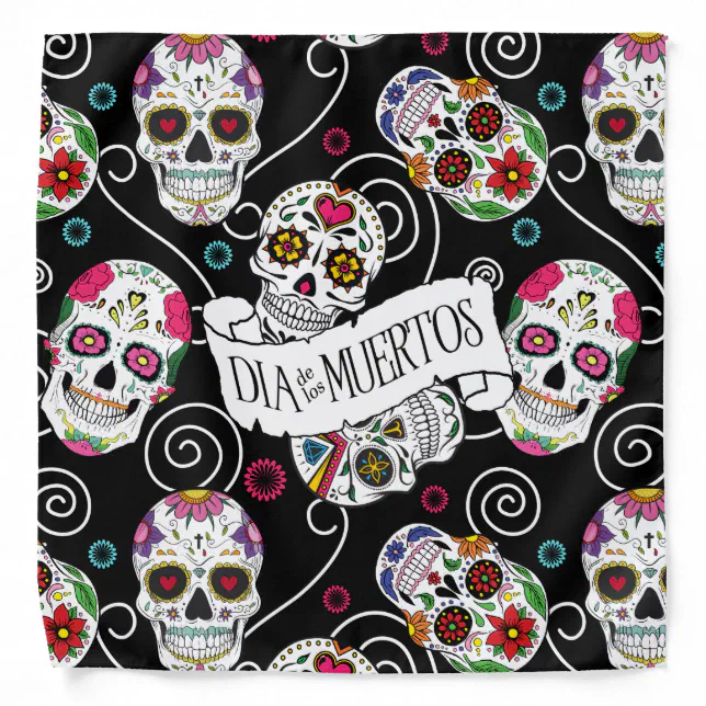 Sugar Skulls and Swirls Black ID725 Bandana | Zazzle