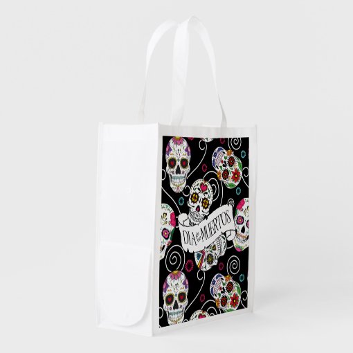 Sugar Skulls and Swirls Black ID725 Grocery Bag | Zazzle