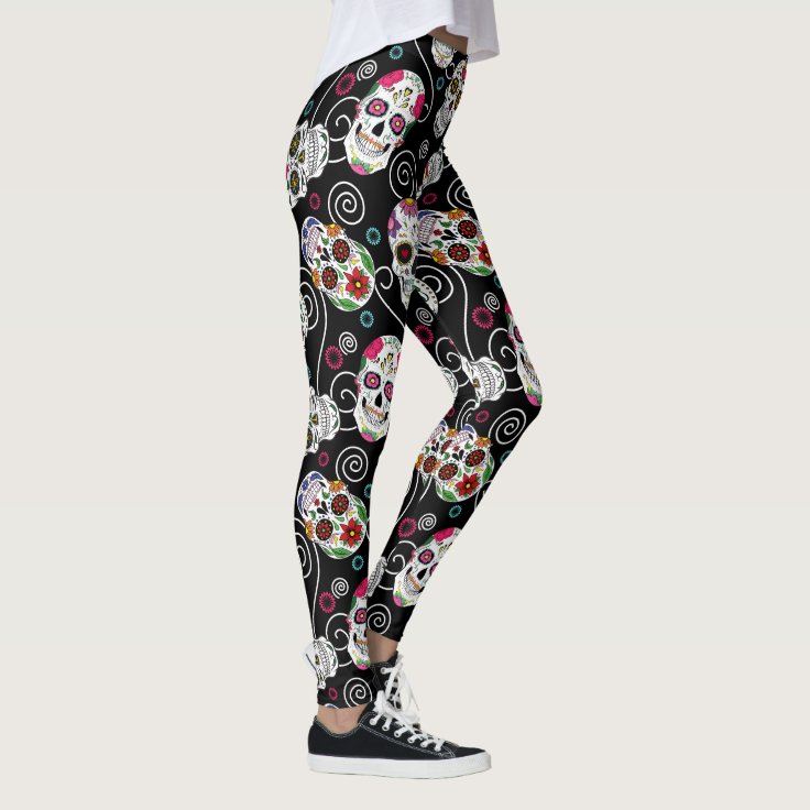 Sugar Skulls and Swirls Black ID725 Leggings | Zazzle