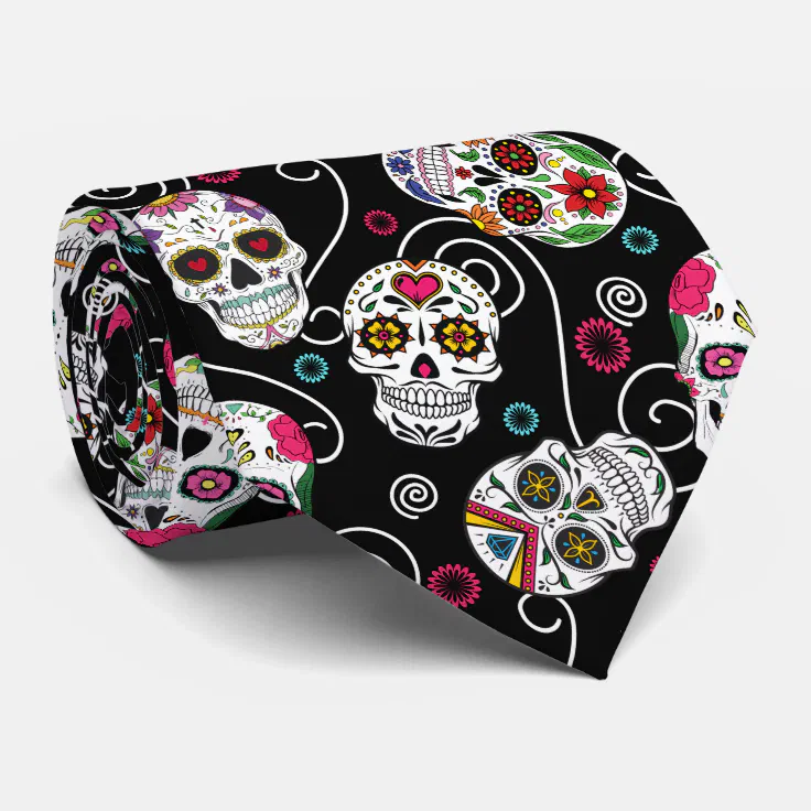 Sugar Skulls and Swirls Black ID725 Neck Tie | Zazzle