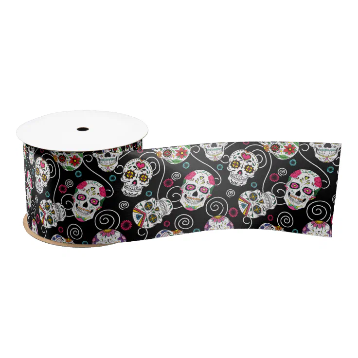 Sugar Skulls and Swirls Black ID725 Satin Ribbon | Zazzle