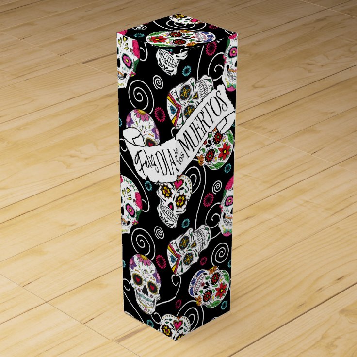 Sugar Skulls and Swirls Black ID725 Wine Box | Zazzle
