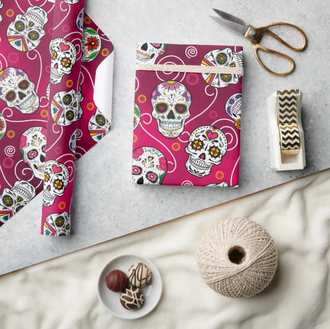Sugar Skulls and Swirls Red ID725 Wrapping Paper | Zazzle