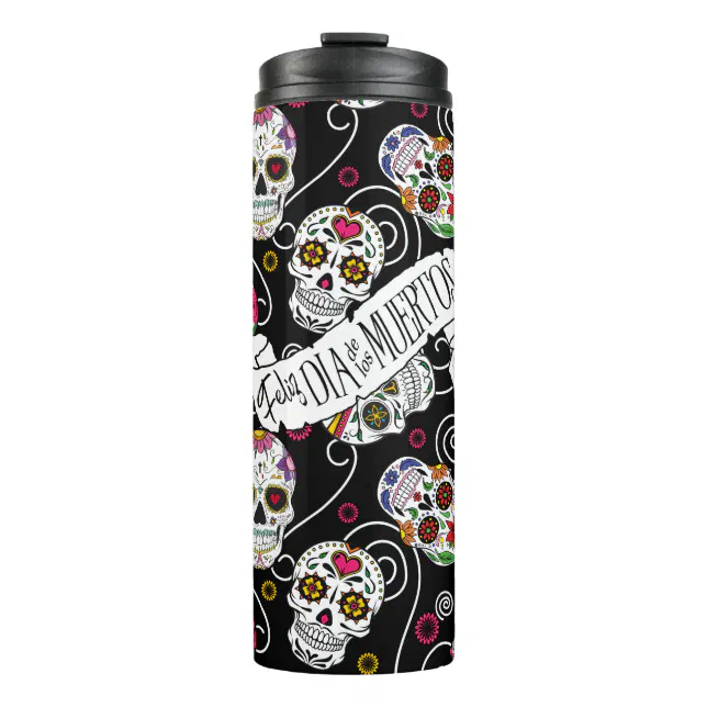 Sugar Skulls and Swirls Rose Black ID725 Thermal Tumbler | Zazzle