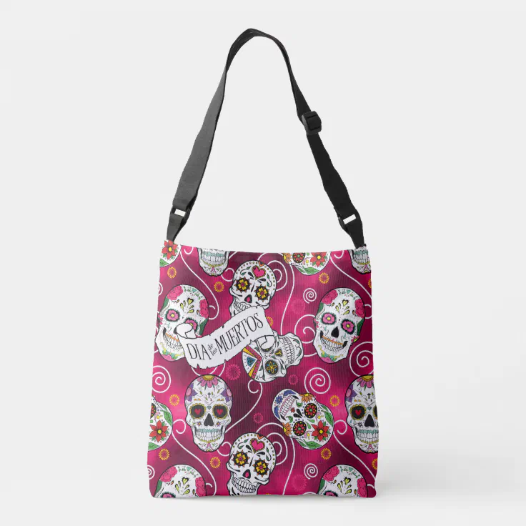Sugar Skulls and Swirls Rose Red ID725 Crossbody Bag | Zazzle