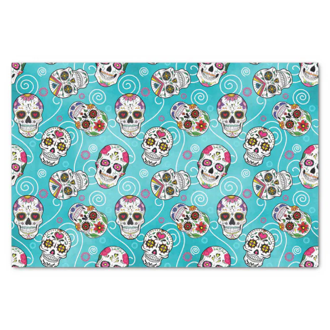 Sugar Skulls and Swirls Turquoise Blue D725 Tissue Paper | Zazzle