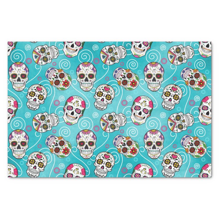 Sugar Skulls and Swirls Turquoise Blue D725 Tissue Paper | Zazzle