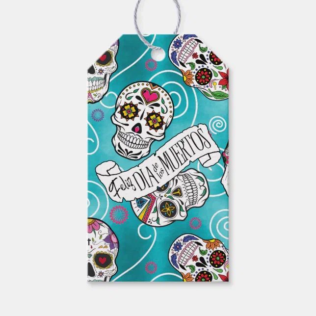 Sugar Skulls and Swirls Turquoise ID725 Gift Tags | Zazzle